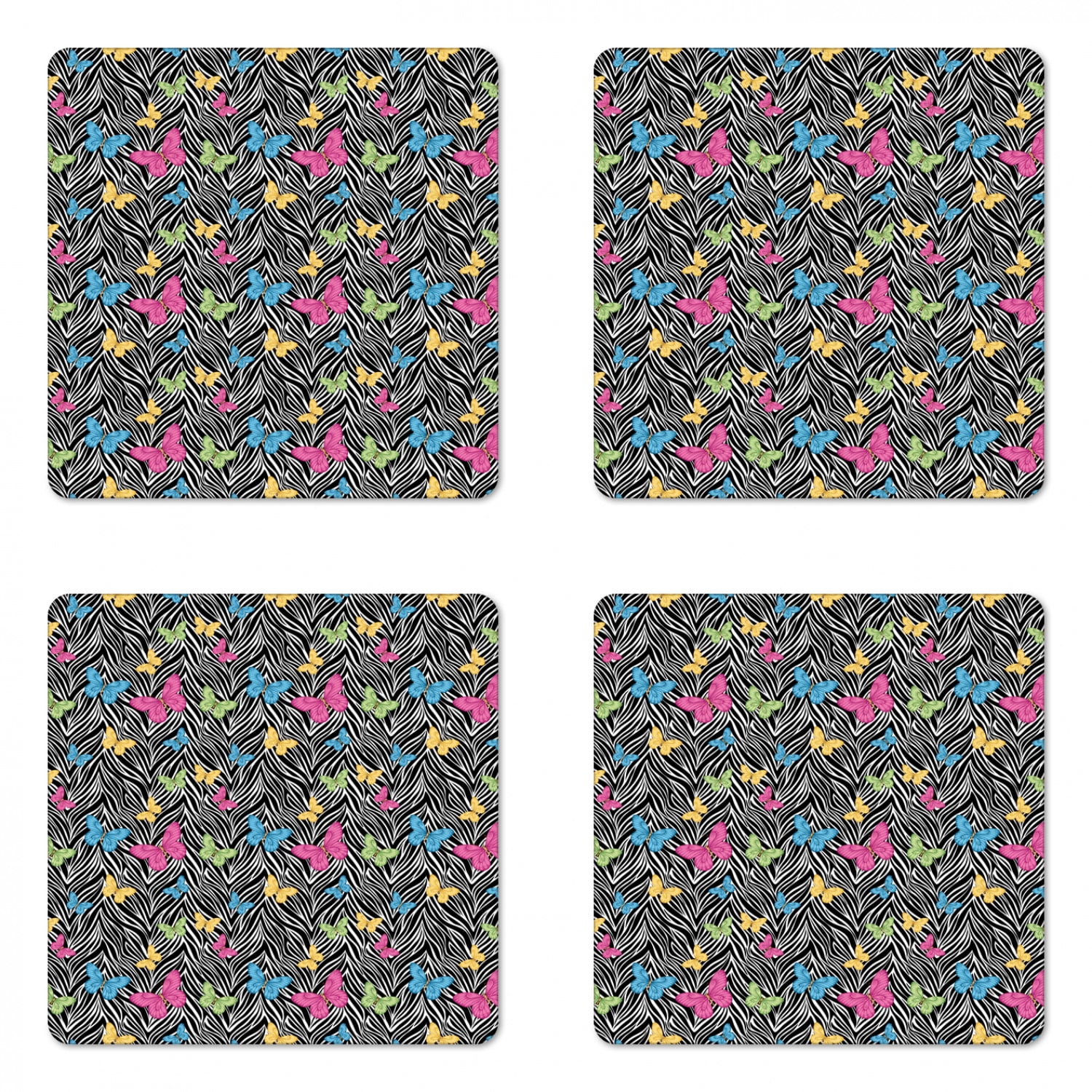 Zebra Print Coaster Set of 4, Colorful Butterflies on Zebra Abstract ...