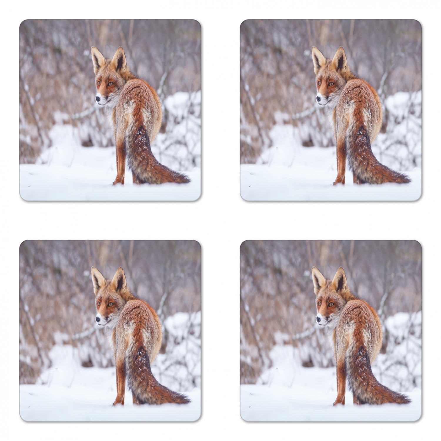 Fox Coaster Set of 4, Countryside Snow Landscape Furry Wild Animal ...