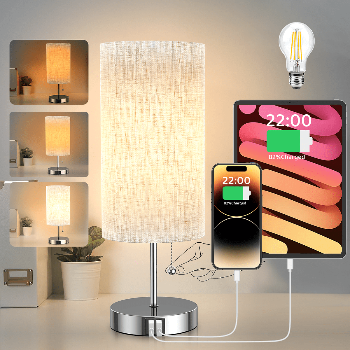 Table Lamp with 2 USB Charging Ports and Fabric Linen Lampshade Silver ...