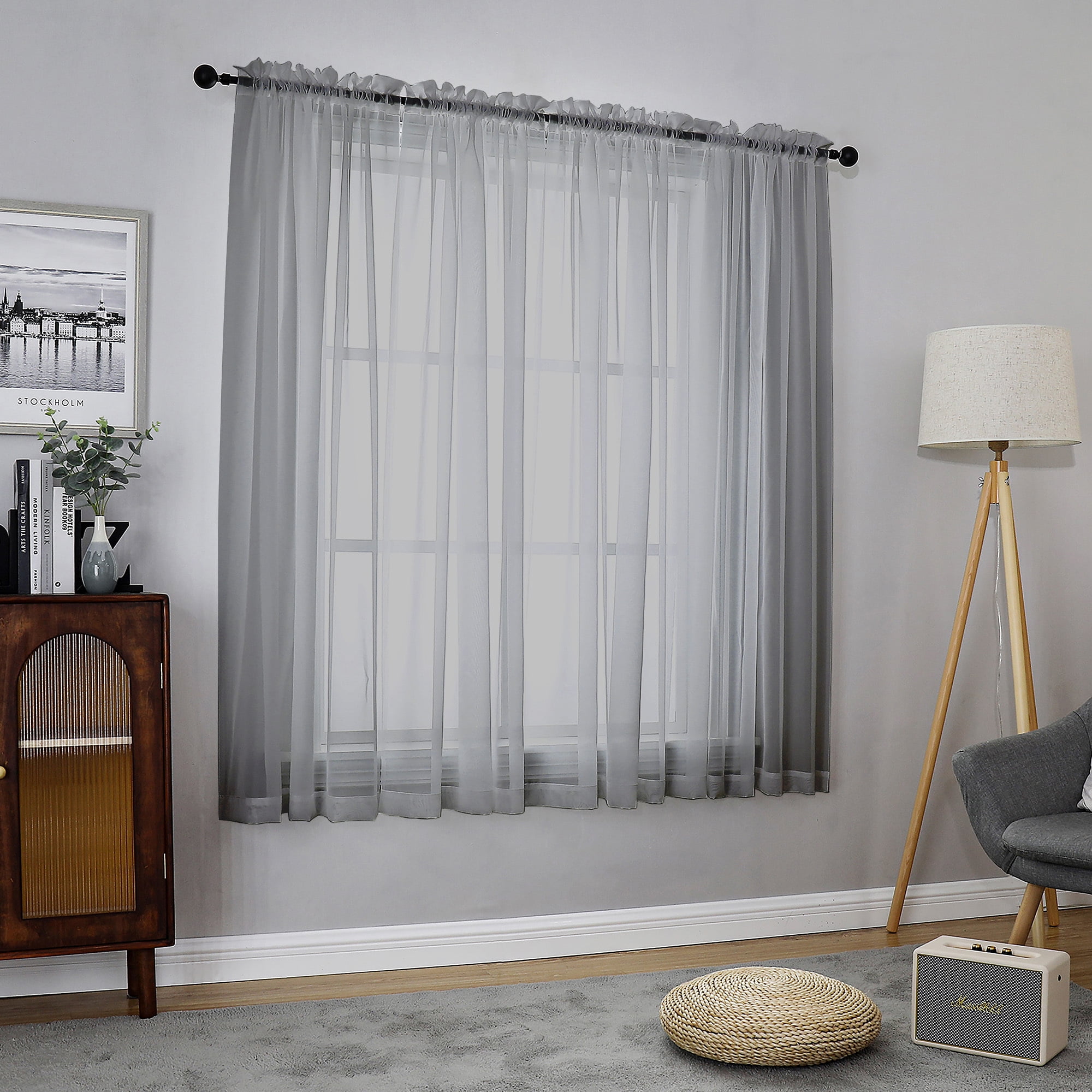 OVZME Sheer Window Curtains 63 inch Length 4 PCS- Rod Pocket Living Room Curtain Panels Voile ...