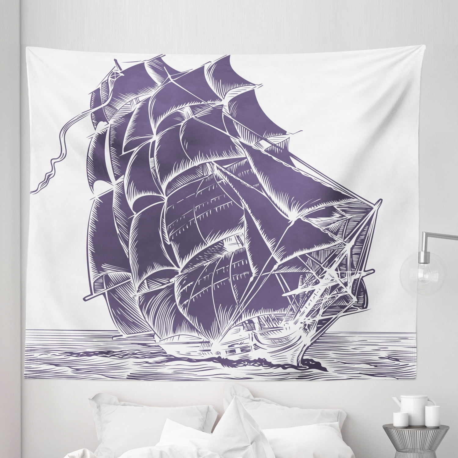Nautical Tapestry, Old Sail Boat in the Ocean on White Background ...