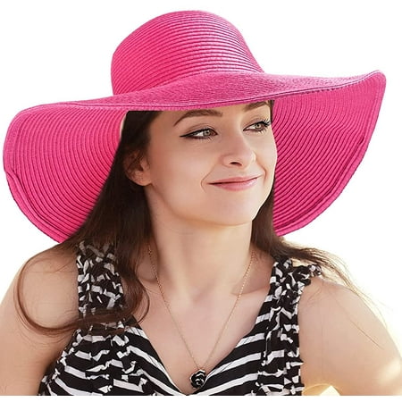 Women's Sun Hat Wide Brim Floppy Straw Packable Roll Up UPF50+ Ladies ...