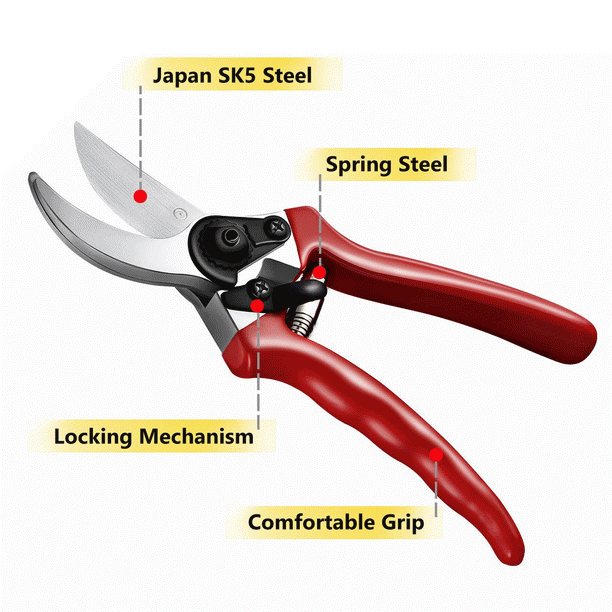 Bypass Pruners 8", Garden SK-5 Steel Blade and Locking Mechanism ...