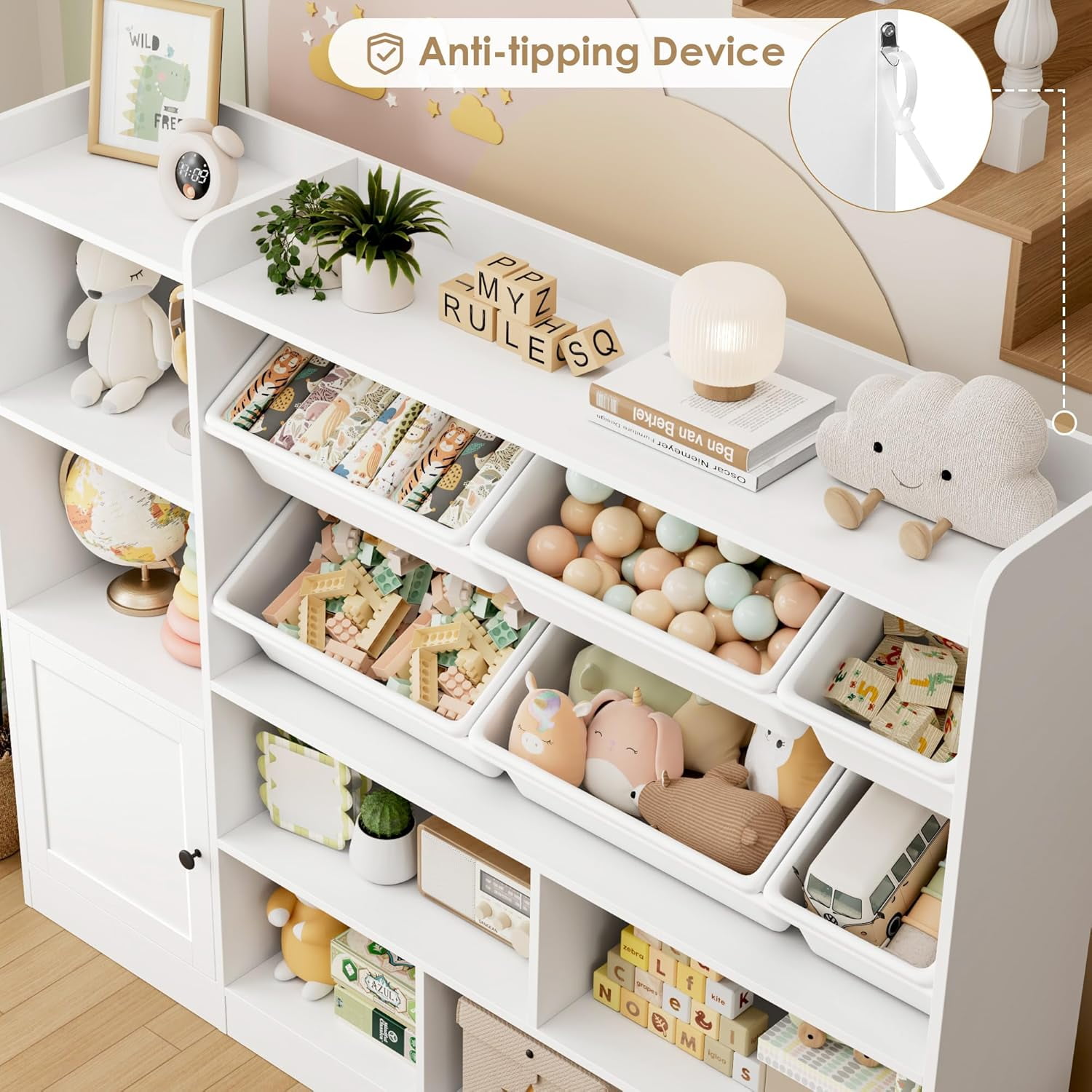 Large Toy Box With Bookshelf 55" Wide Toy Storage Organizer With 8 ...