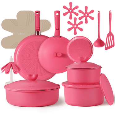 Carote 24Pcs Nonstick Pink Cookware Sets W/ Die-Cast Lid, Detachable ...