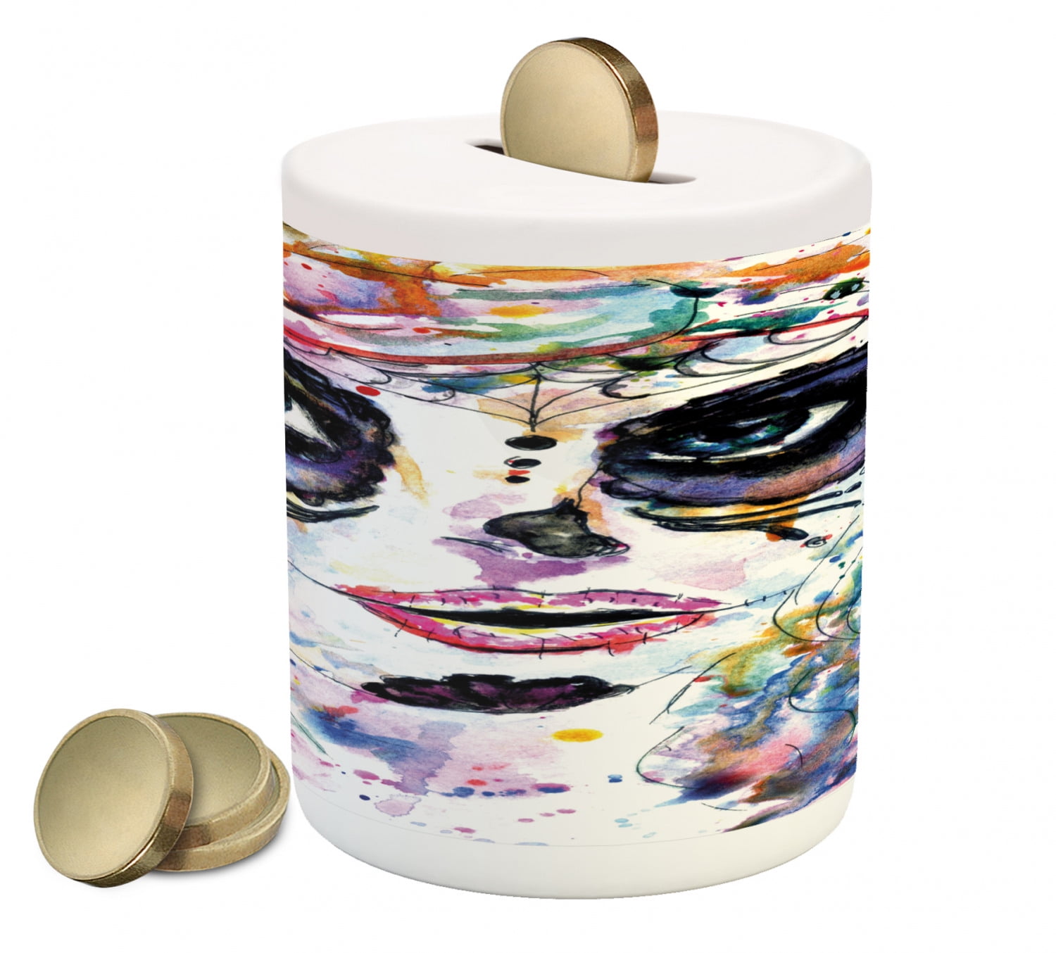 Sugar Skull Piggy Bank, Halloween Girl Sugar Skull Makeup Watercolor ...