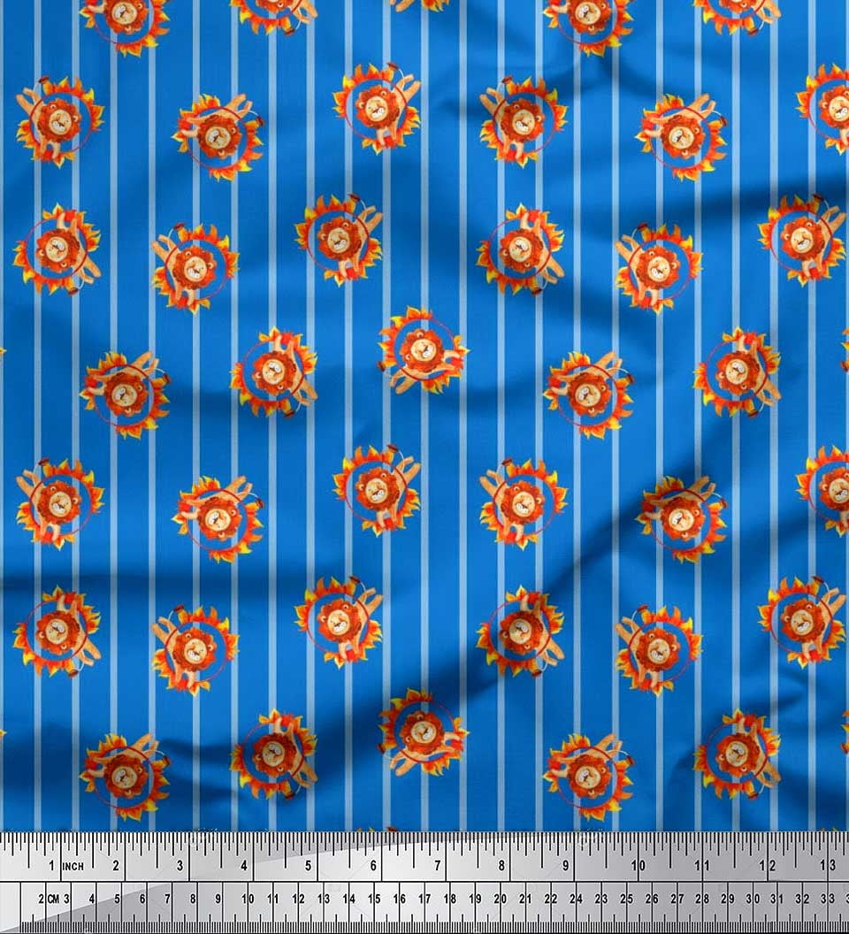 Soimoi Blue Modal Satin Fabric Stripe,Fire Ring & Lion Cartoon Print ...