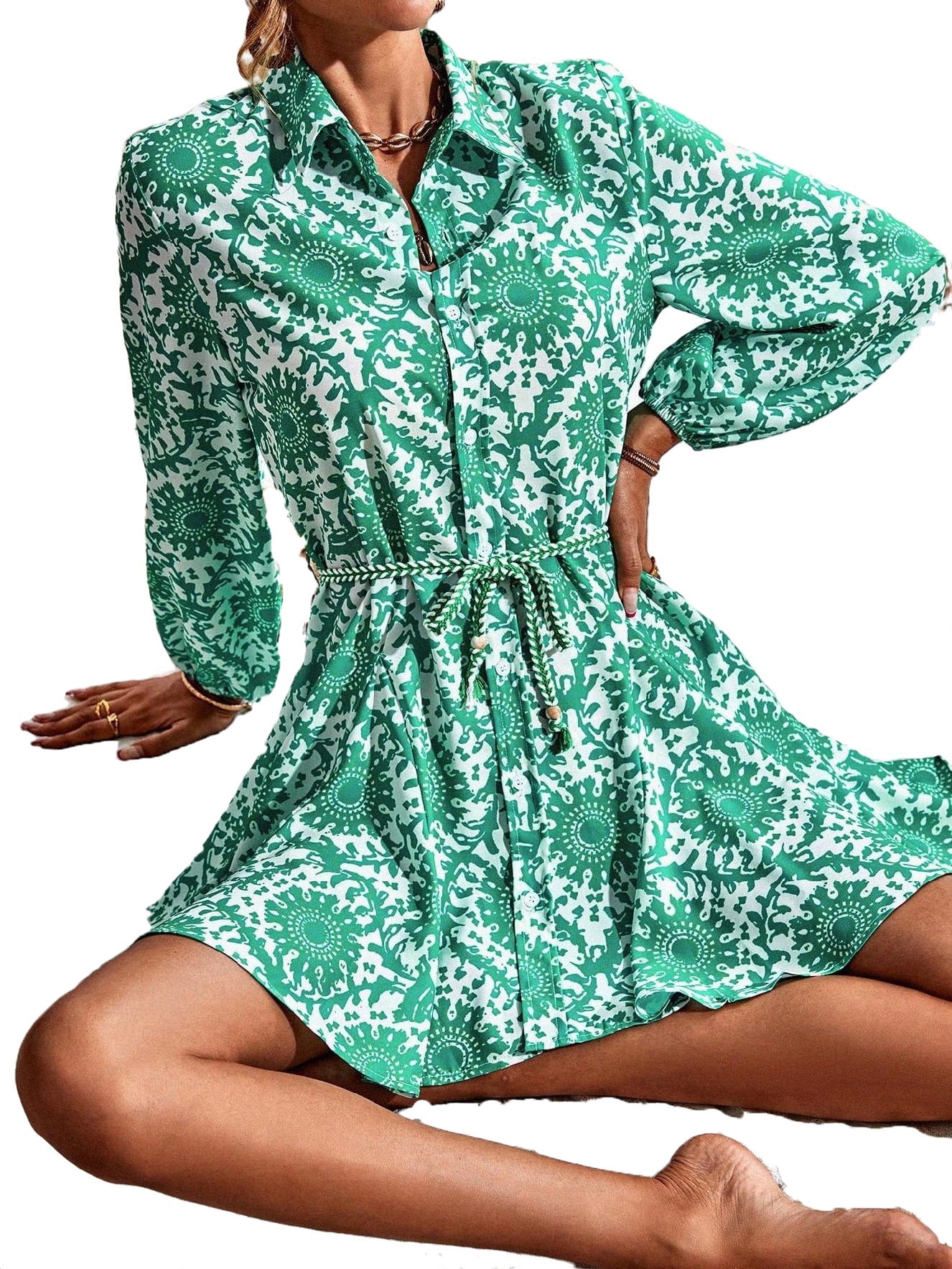 Boho All Over Print Collar Shirt Dress Long Sleeve Multicolor Womens