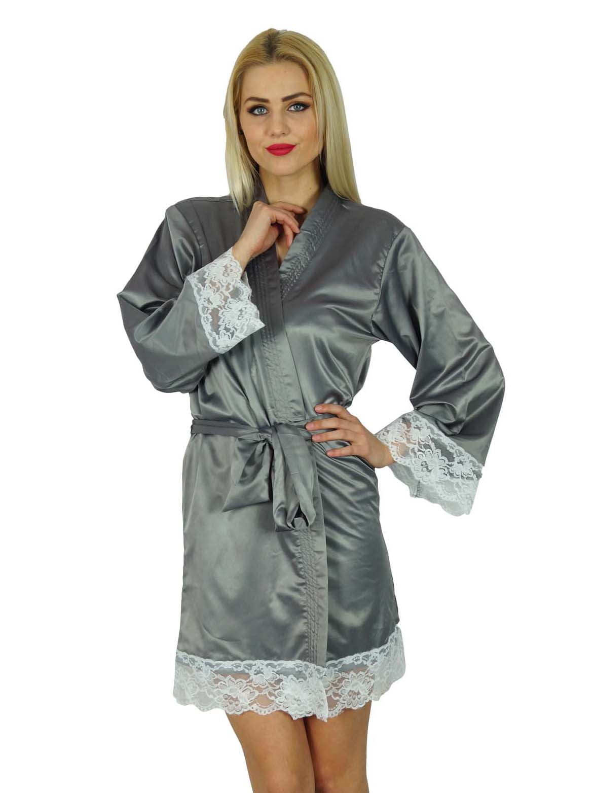 Bimba Women Kimono Sleeve Satin Short Robe Getting Ready Bride ...