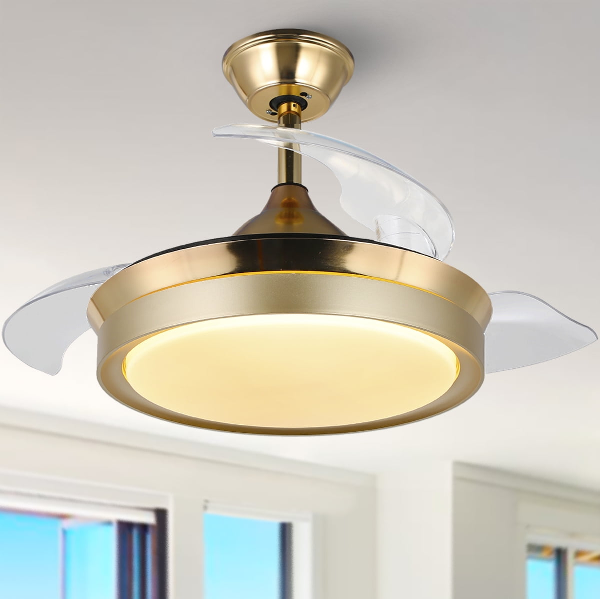 36'' LED Retractable Blades Ceiling Fan with Remote Control and Light ...