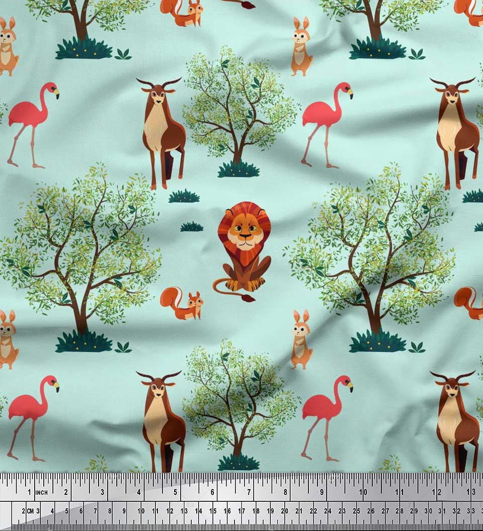 Soimoi Polyester Crepe Fabric Tree,Flamingo & Animals Jungle Print ...