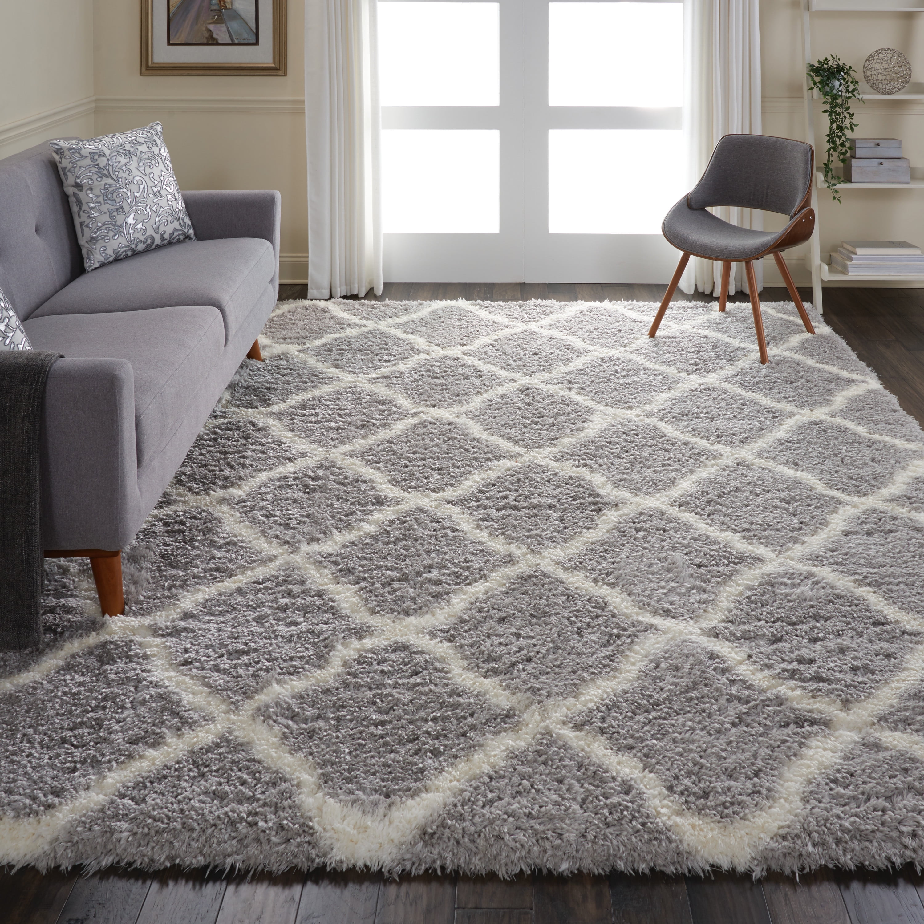 Nourison Ultra Plush Shag Trellis Grey/Ivory 9' x 12' Area Rug, (9x12 ...