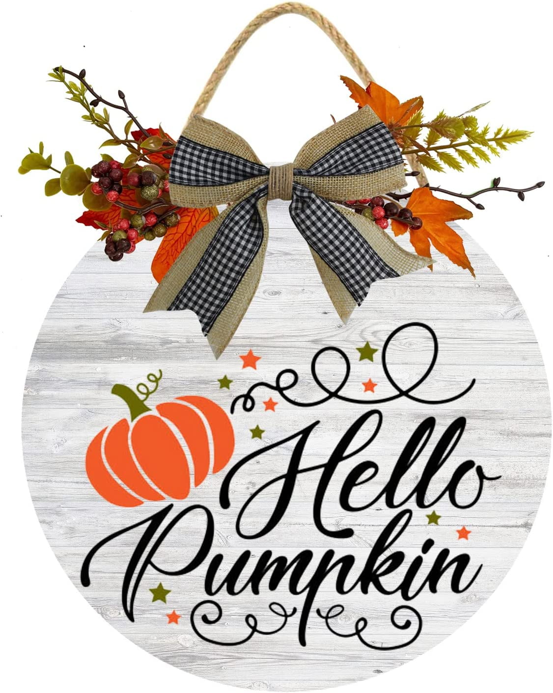 Eveokoki 11" Hello Pumpkin Decor Sign Front Door,Round Wood Hanging ...