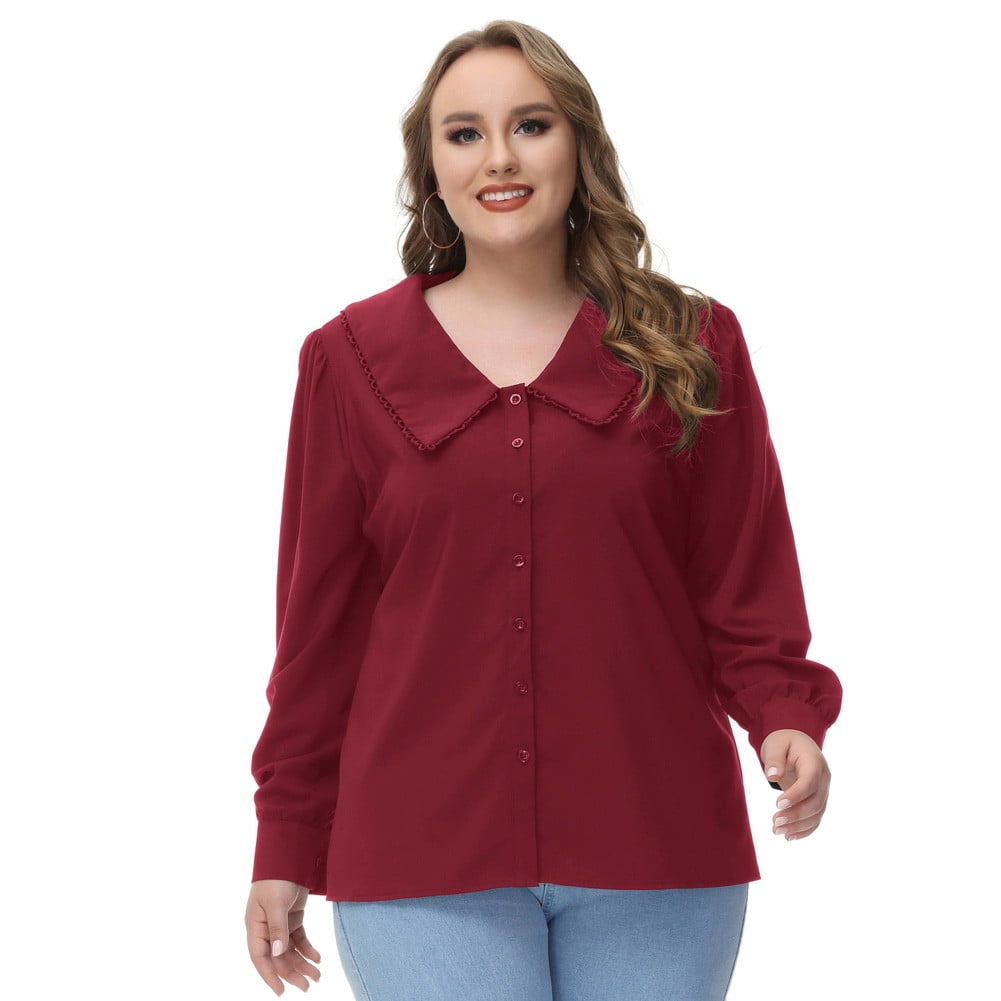 Hanna Nikole Women Plus Size Button Down Shirt Long Sleeve Lapel Collar ...