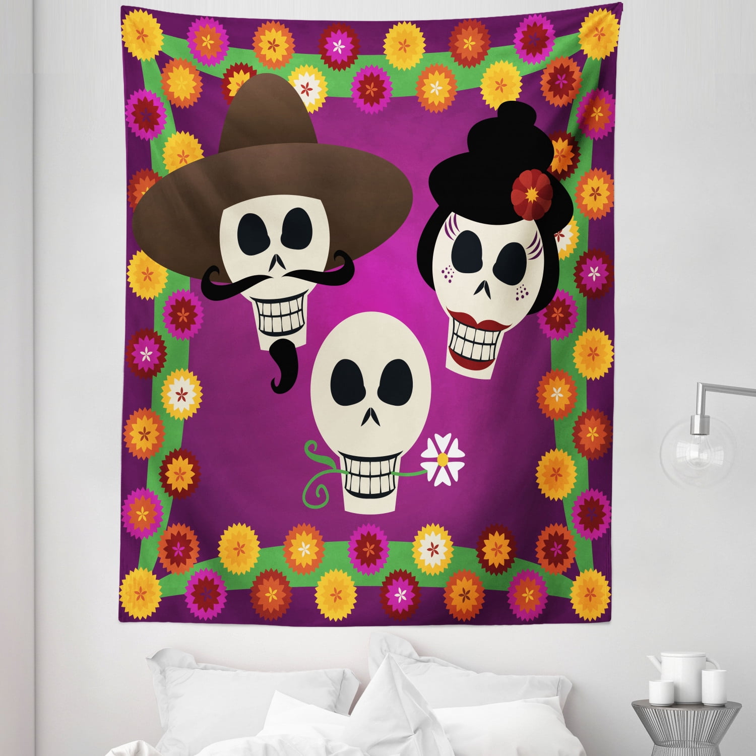 Hispanic Tapestry, Traditional Sugar Skulls with Mexican Folk Items and ...