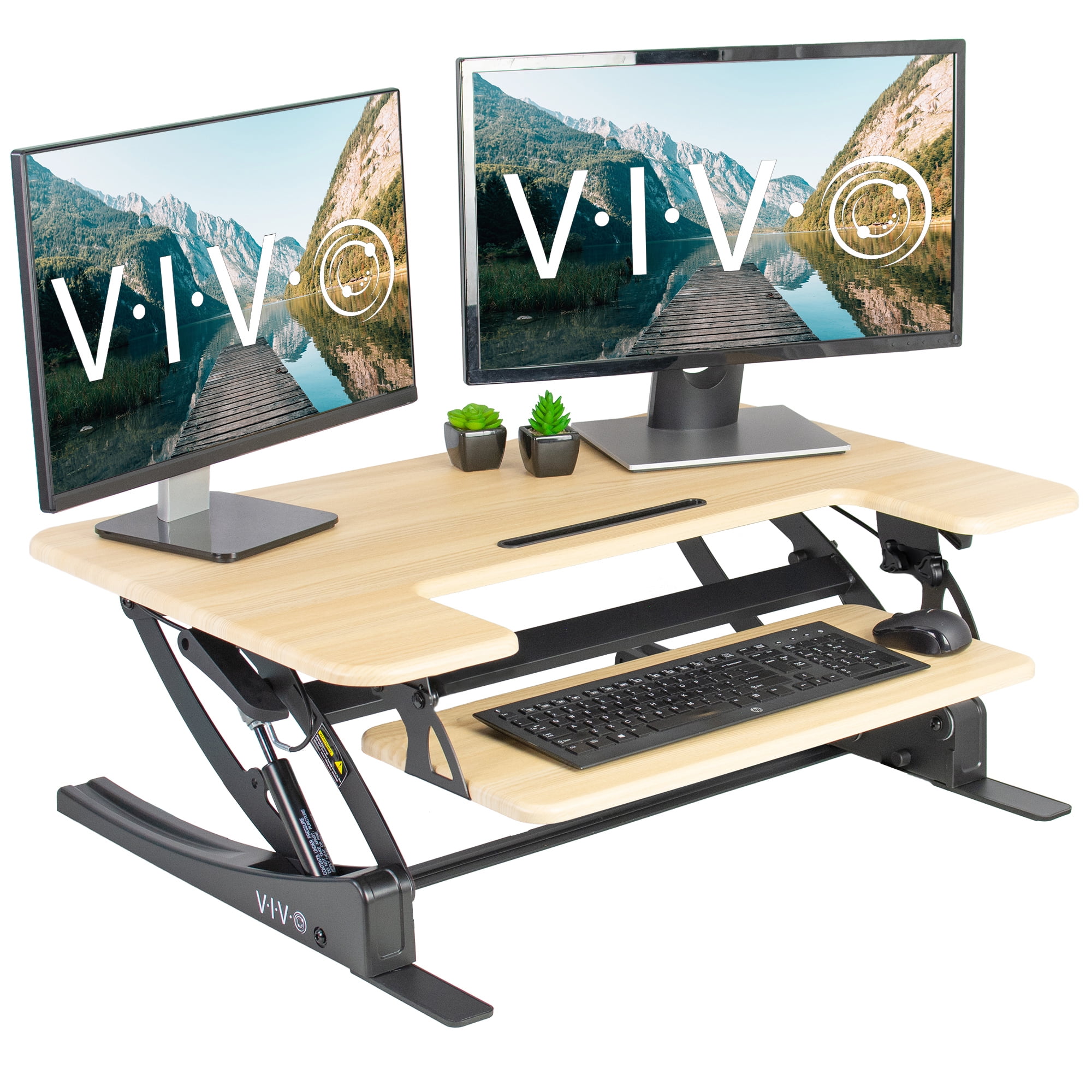 VIVO Light Wood Height Adjustable Standing Desk Monitor Riser Tabletop ...