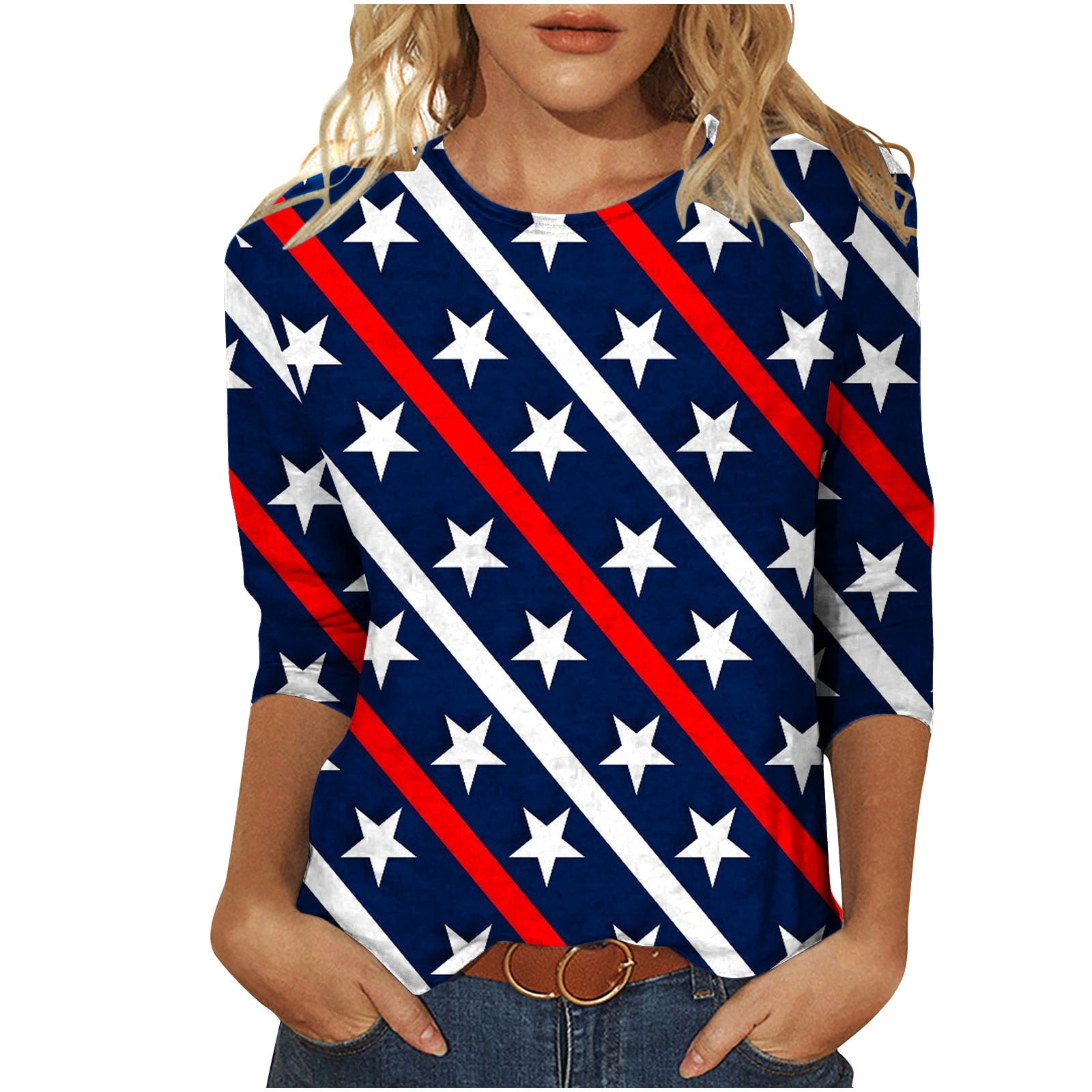 Patriotic Shirts For Women 2023 Round Neck Casual Summer 3 4 Sleeve T