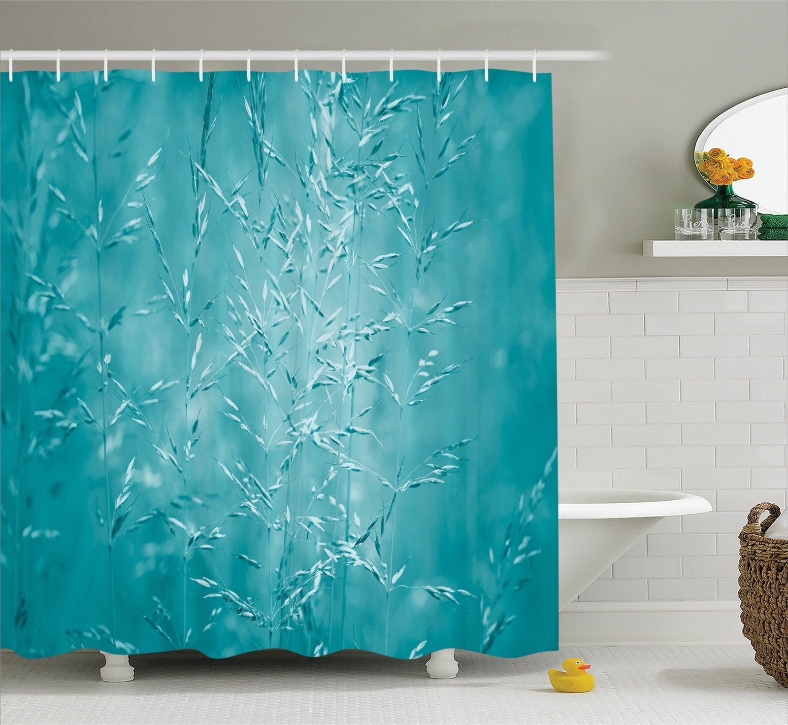 Turquoise Decor Shower Curtain Set, Blur Meadow Grass Plant Herb In ...