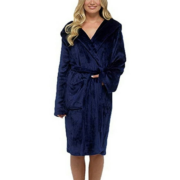 Haite Ladies Fuzzy Plush Bathrobes V Neck Sherpa Robe Hooded Fleece