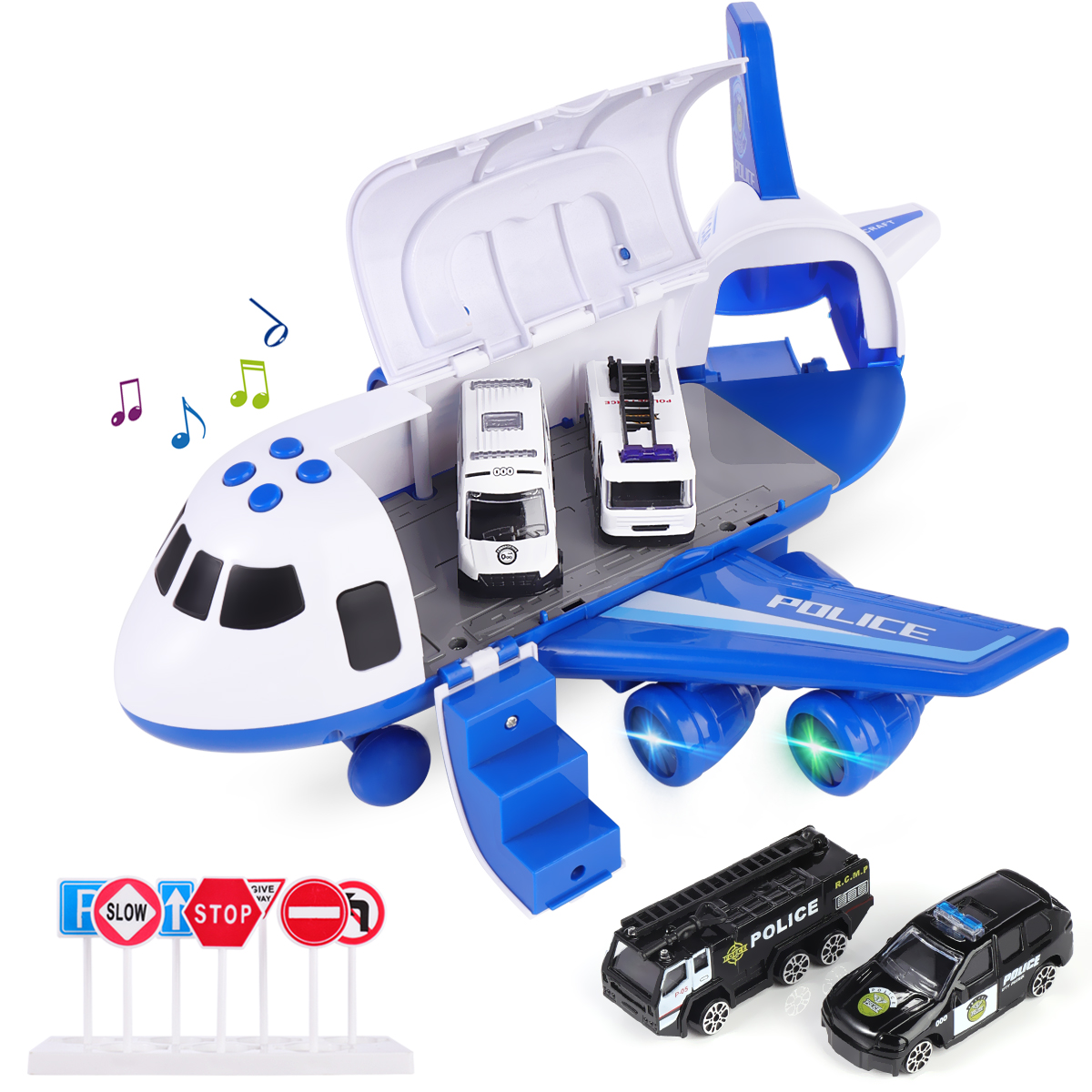 CJC Airplane Car Toy Set, Police Car Toy Play Set with LED Lights and ...