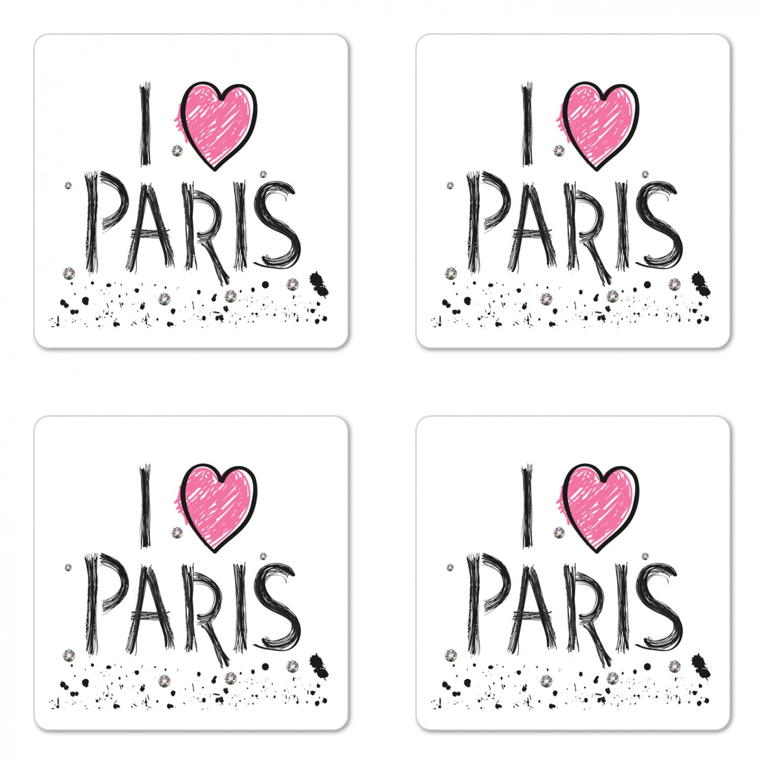 Eiffel Tower Coaster Set of 4, I Love Paris Pencil Drawn Wording with ...
