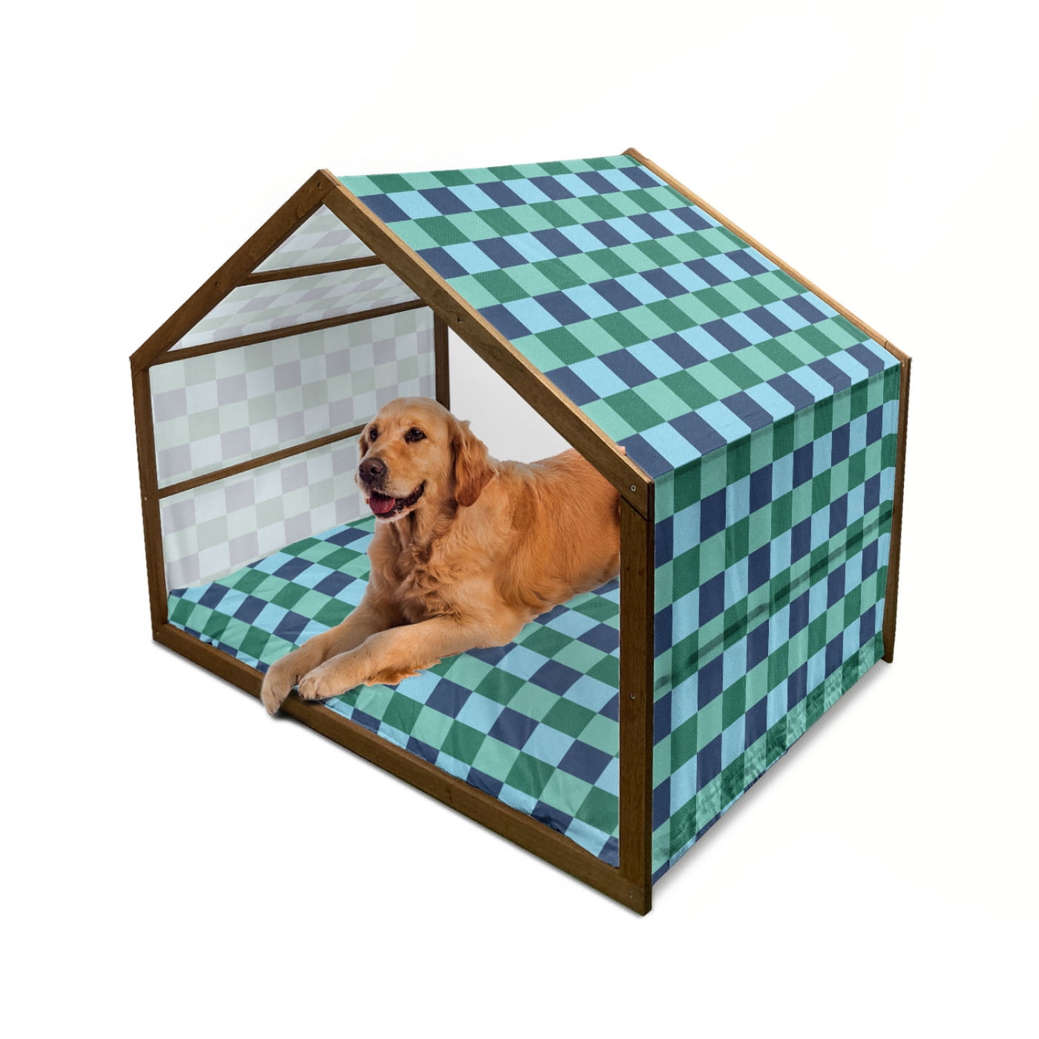 Navy and Teal Pet House, Aquatic Colored Squares with Old Fashioned ...