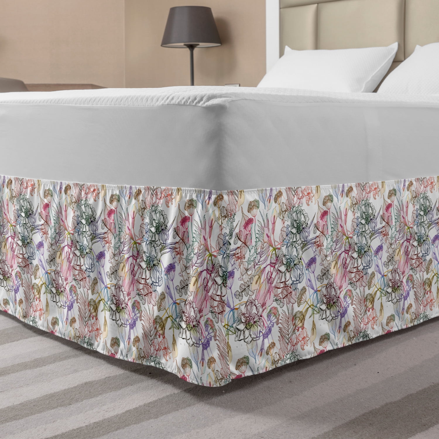 Floral Bed Skirt, Hand Drawn Style Flowers Blossoms and Leaves Romantic ...