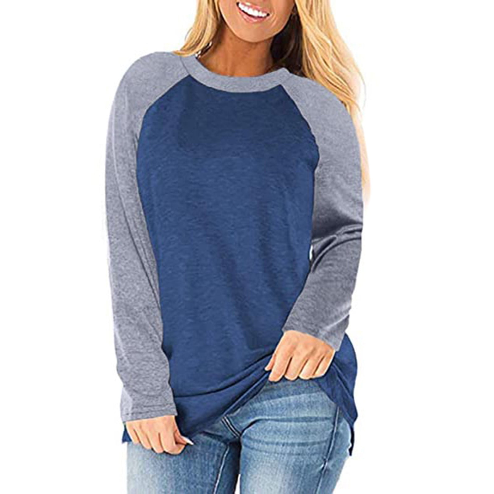 Bouanq Plus-Size Tops for Women Long Sleeve Color Block Raglan Shirts ...