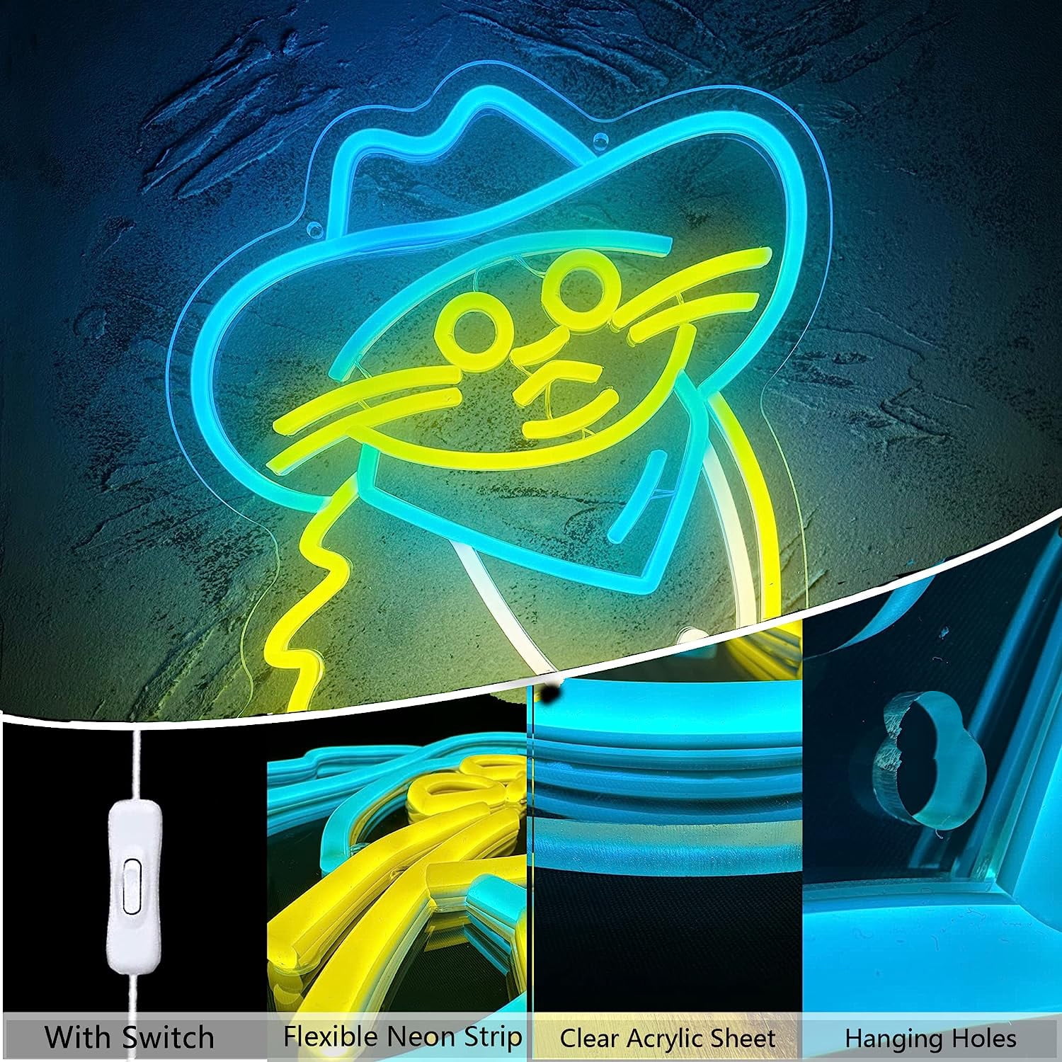 Blue Hat Cat Neon Signs for Wall Decor, 15.8"x 15.8" Dimmable Frog ...