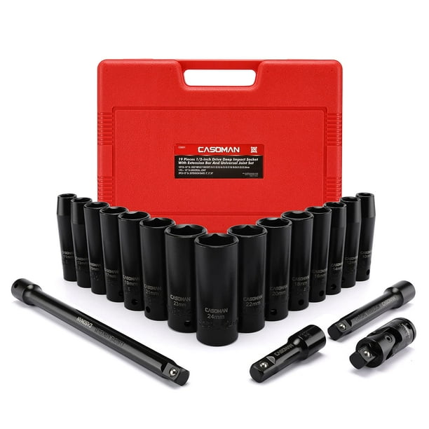 CASOMAN Complete 1/2-inch Drive Deep Impact Socket Set, Metric, CR-V,10 ...