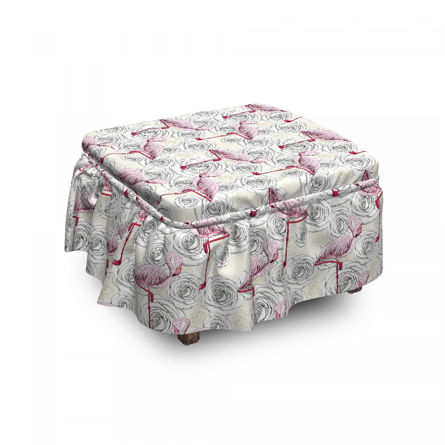 Floral Ottoman Cover, Roses and Flamingos, 2 Piece Slipcover Set with ...