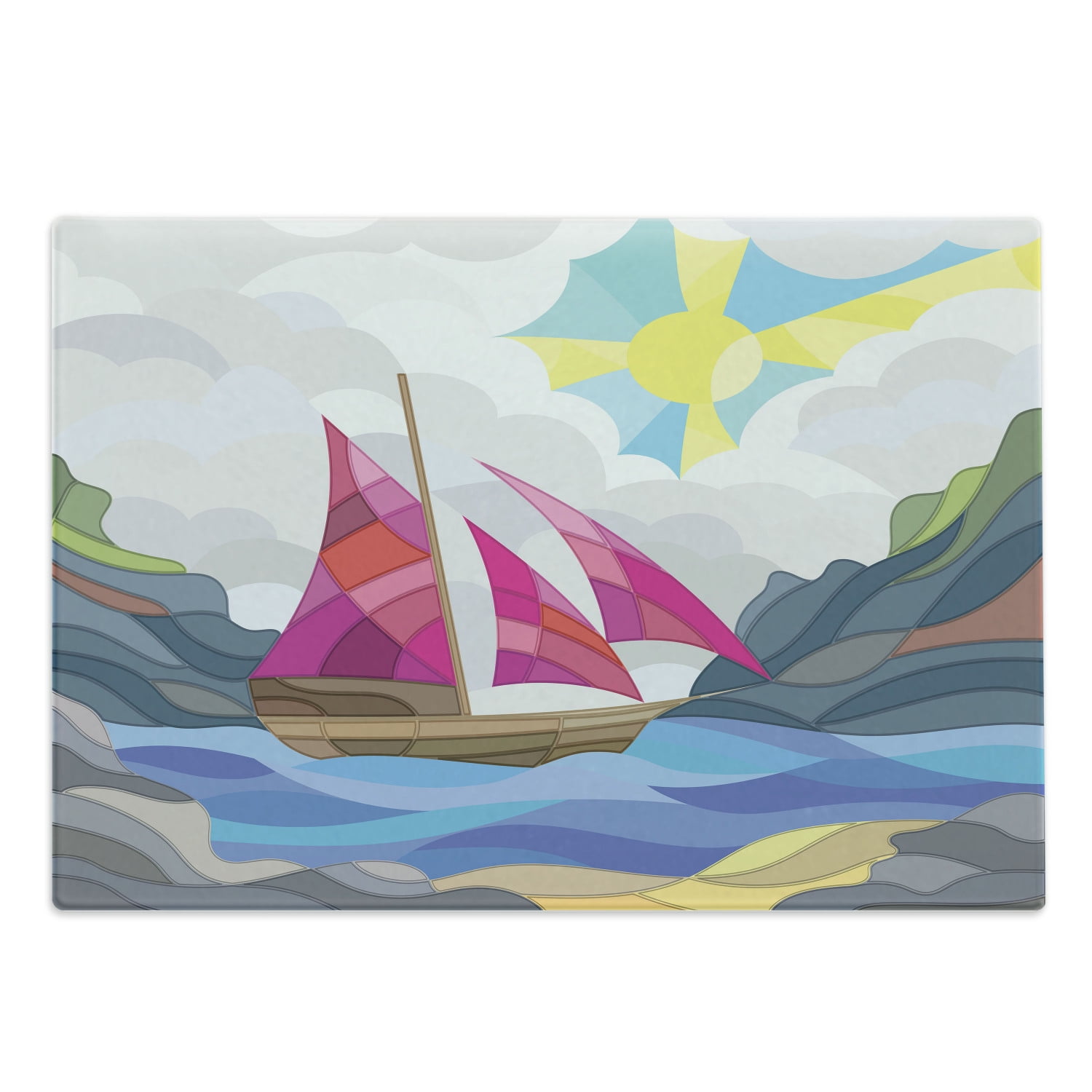 Modern Cutting Board, Sun Sky Clouds Sail Boat on the Sea Vitray Style ...