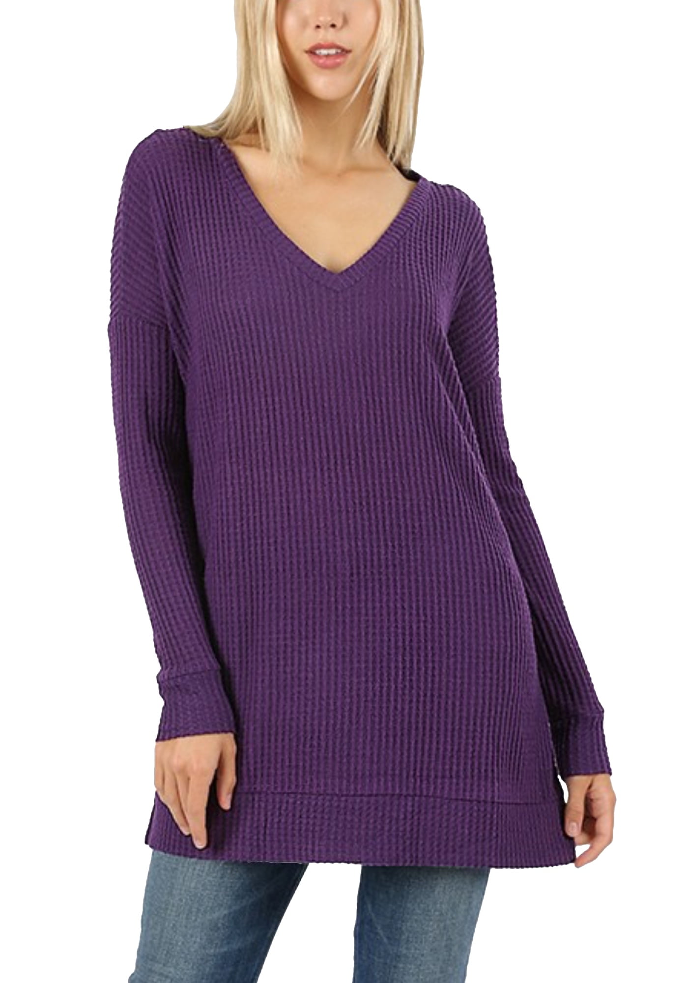 ClothingAve. Women's Brushed Thermal Waffle V-Neck Sweater Female ...