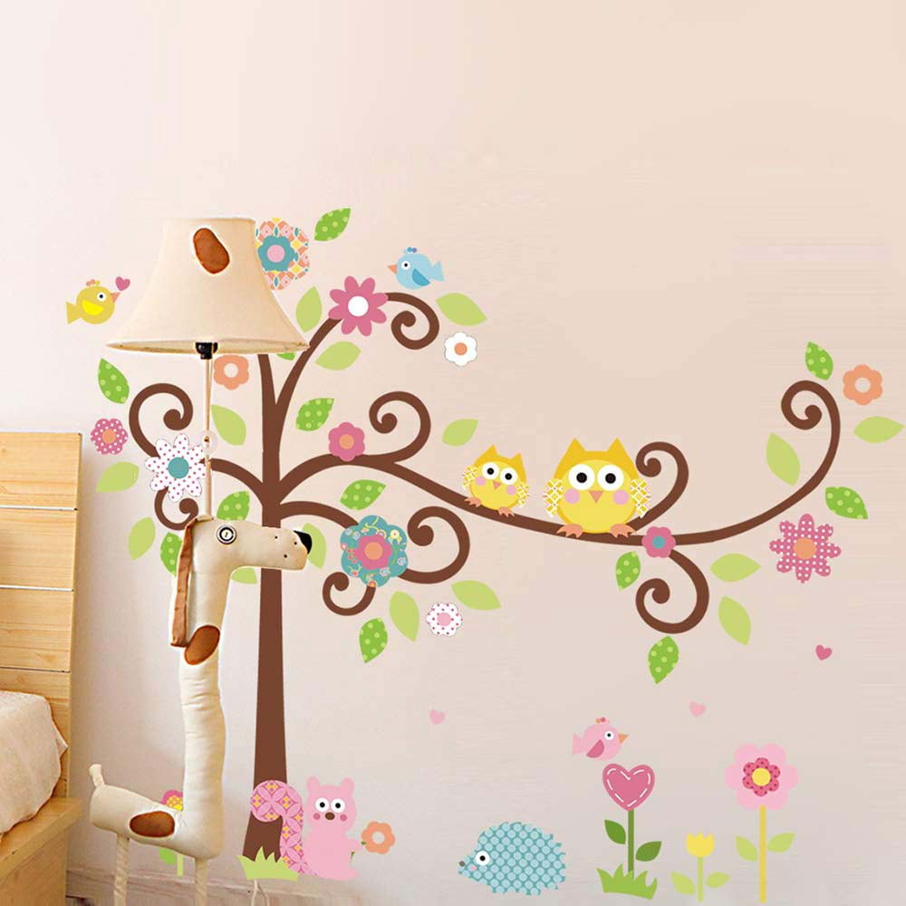 27" X 19" Cute Wall Sticker Scroll Tree Cartoon Animals Colorful Wall ...