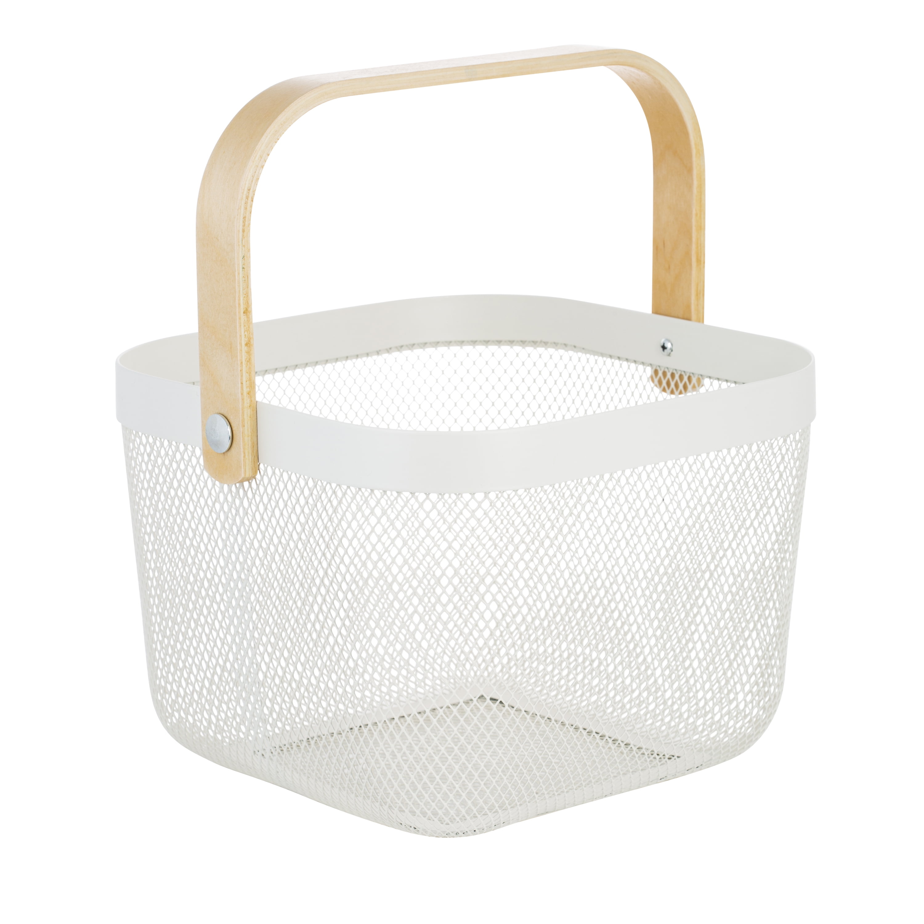 Simplify Mesh Decorative Storage Basket with Bamboo Handle, White ...