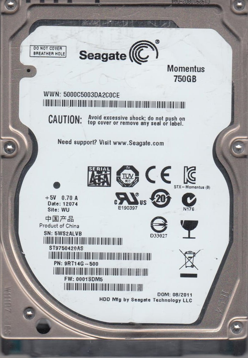ST9750420AS, 5WS, WU, PN 9RT14G-500, FW 0001SDM5, Seagate 750GB SATA 2. ...