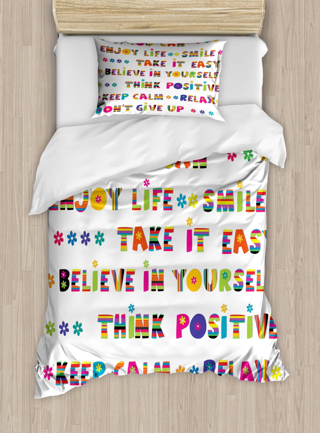 Colorful Twin Size Duvet Cover Set, Motivational Slogans with Cheerful ...