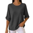 3/4 Sleeve Button Up Blouse For Women, Solid Color Round Neck Pullover ...