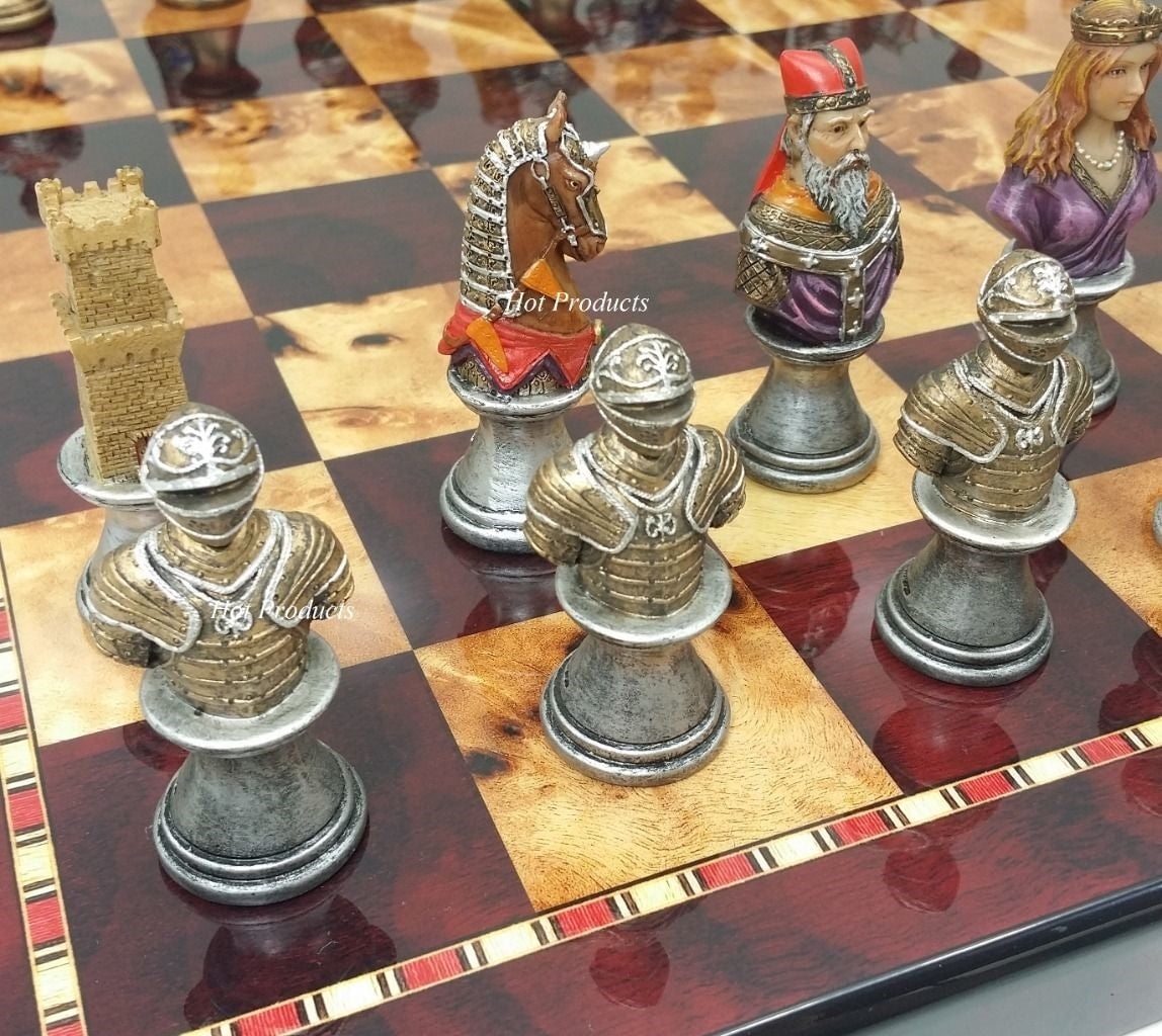 Medieval Times Crusades Busts PAINTED Chess Set W/ 18" Cherry Color ...