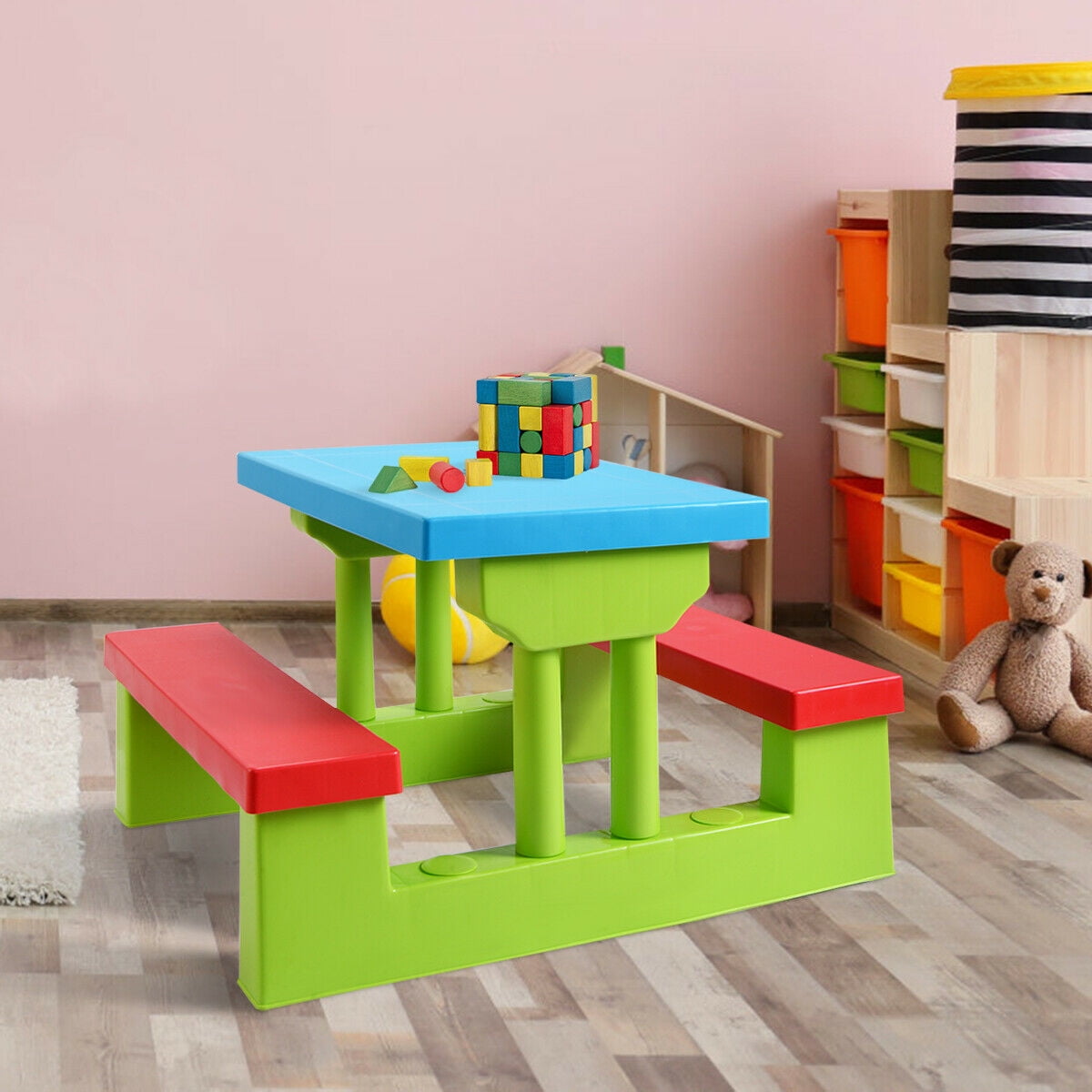 Costway 4 Seat Kids Picnic Table w Umbrella Garden Yard Folding Bench Outdoor