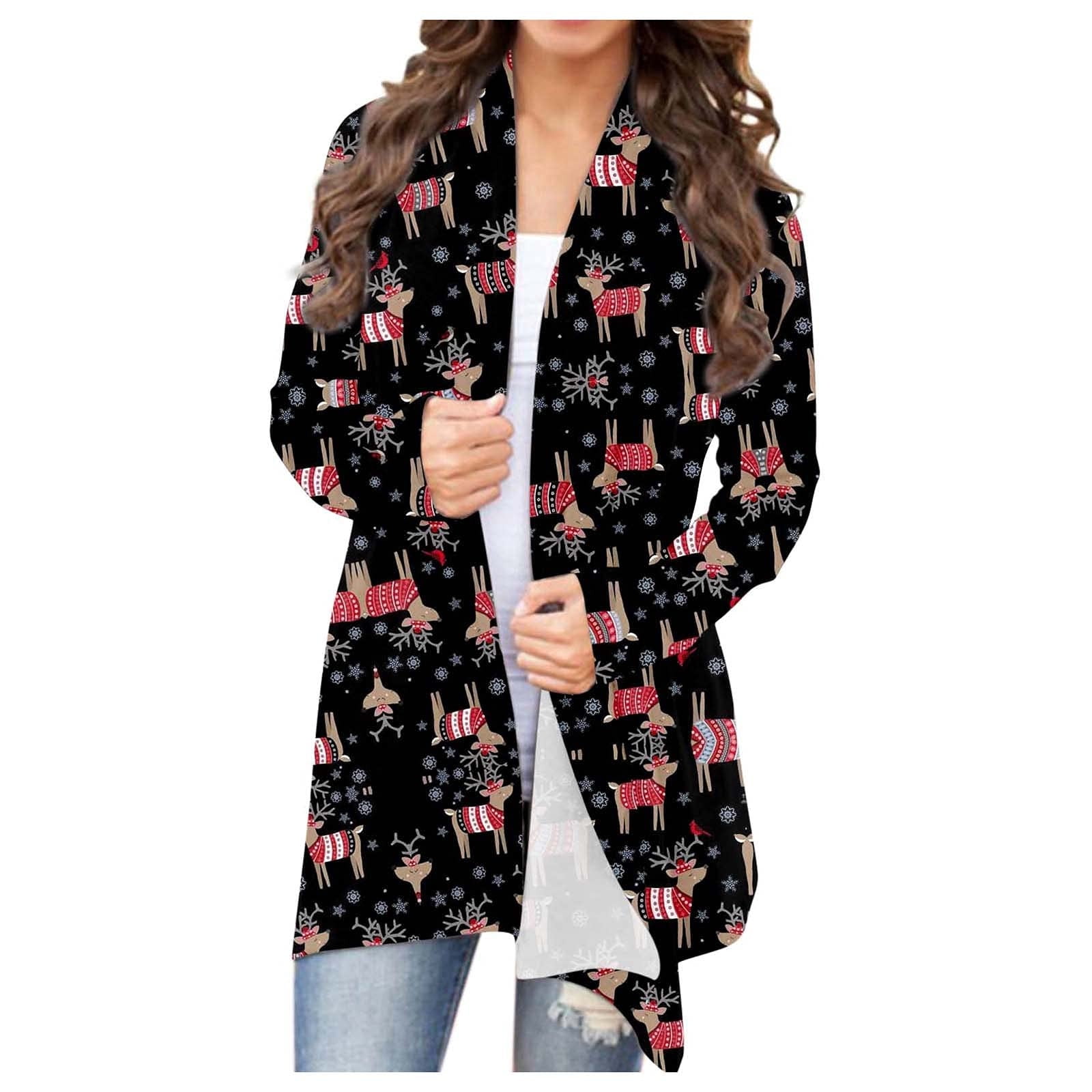 Lenago Women's Christmas Cardigan Santa Claus Print Cardigan Long ...