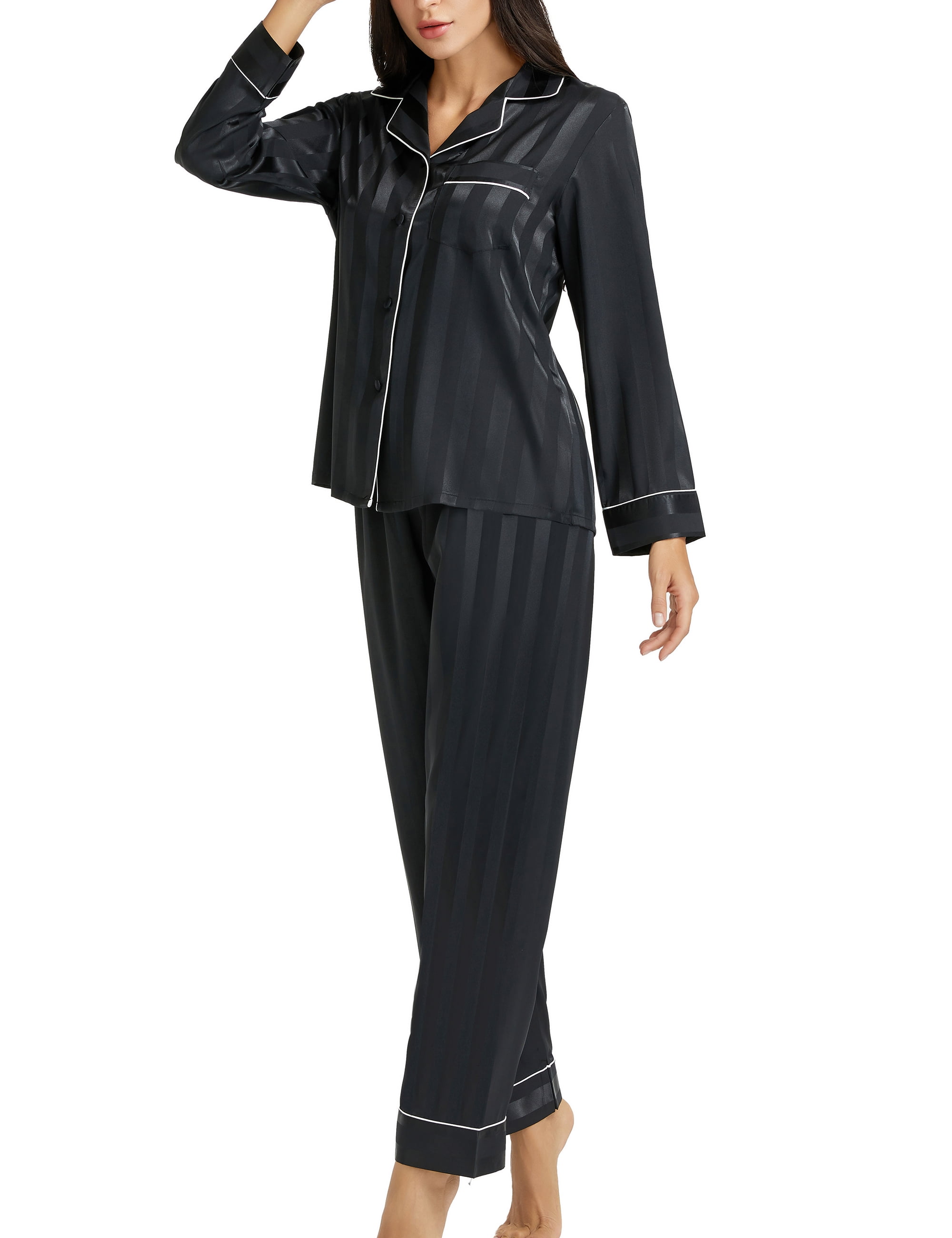 LONXU Womens Satin Pajama Set Long Sleeve Lounge Sets Two Piece Button ...