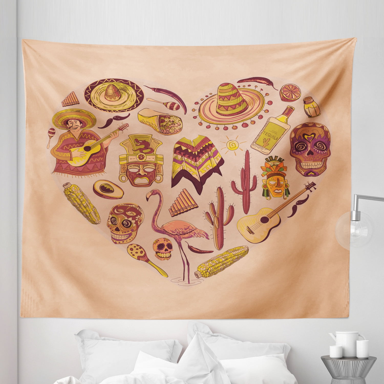 Hispanic Tapestry, Latin American Themed Folkloric Cartoonish Items as ...