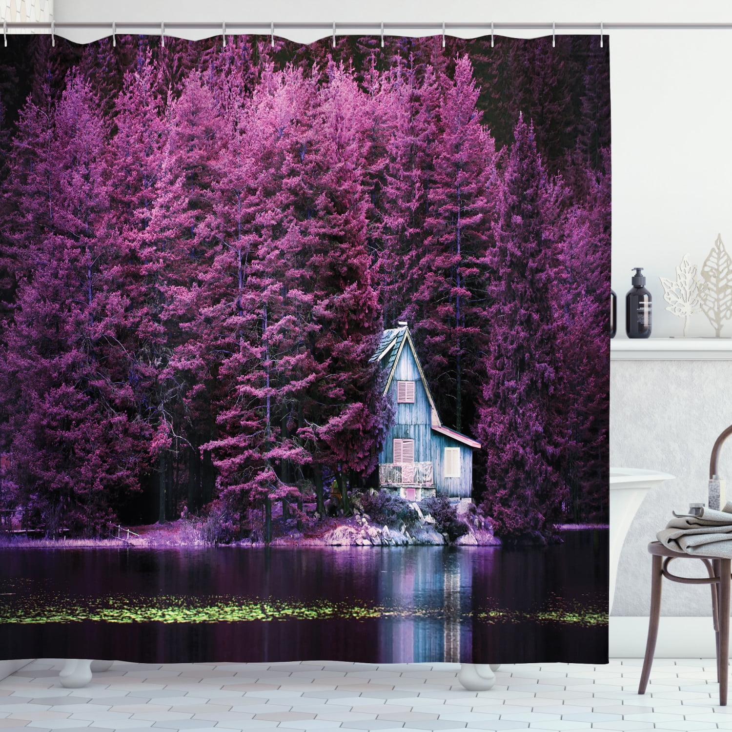 Ambesonne Lavender Shower Curtain, Purple Trees by Lake, 69"Wx70"L ...