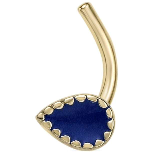 20 Gauge Curved Screw Teardrop Nose Ring in 14k Yellow Gold with Blue ...