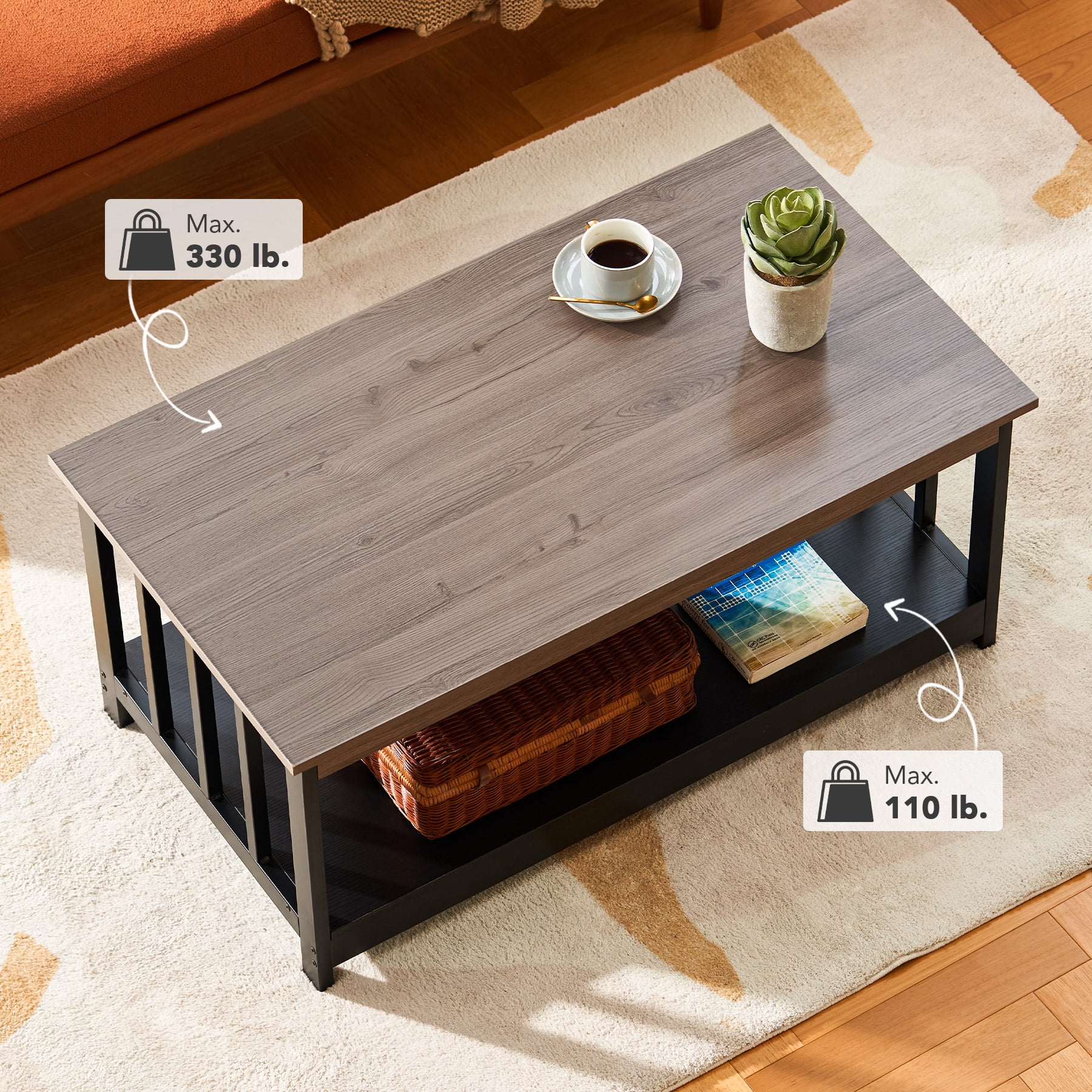 Bestco Rectangular Coffee Table with Storage Shelf & Slatted Metal ...