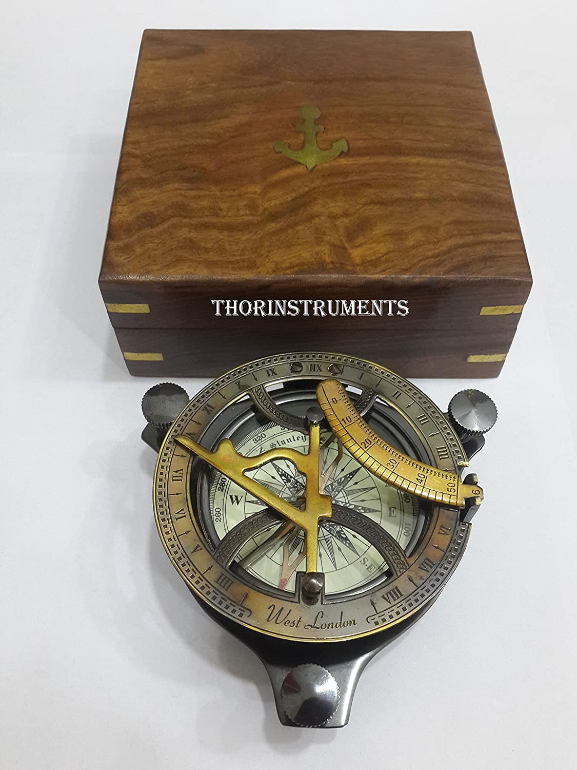 Thor Captain Brass West London Sundial Compass with Hardwood Wooden Box ...