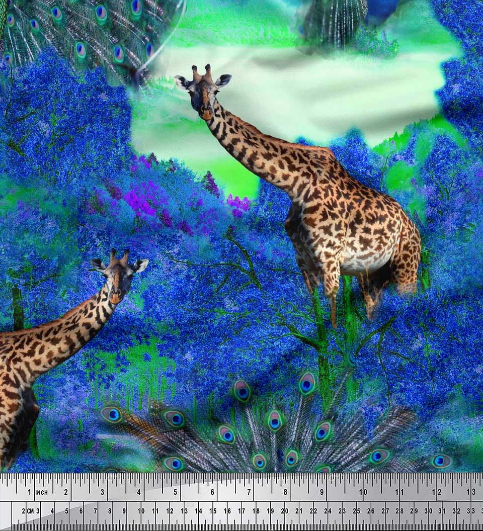 Soimoi Japan Crepe Satin Fabric Leaves,Star & Cute Animals Jungle Print ...