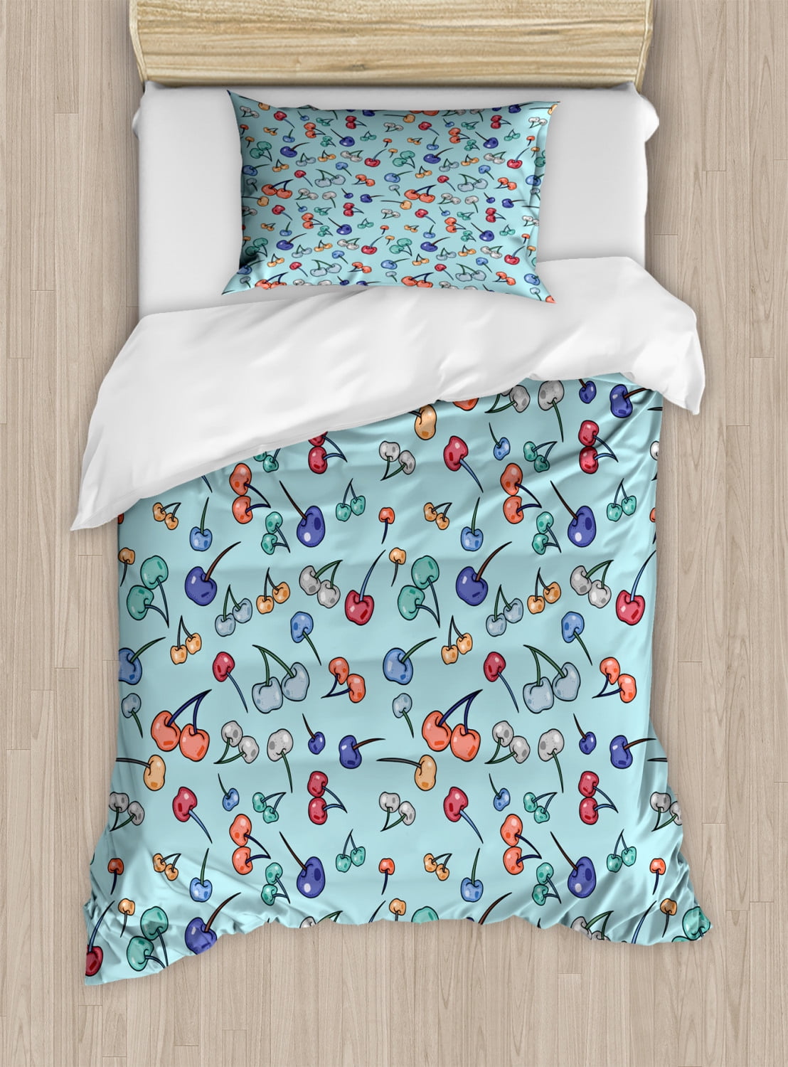 Cherry Duvet Cover Set Twin Size, Repetitive Pattern of Summer Fruit in ...