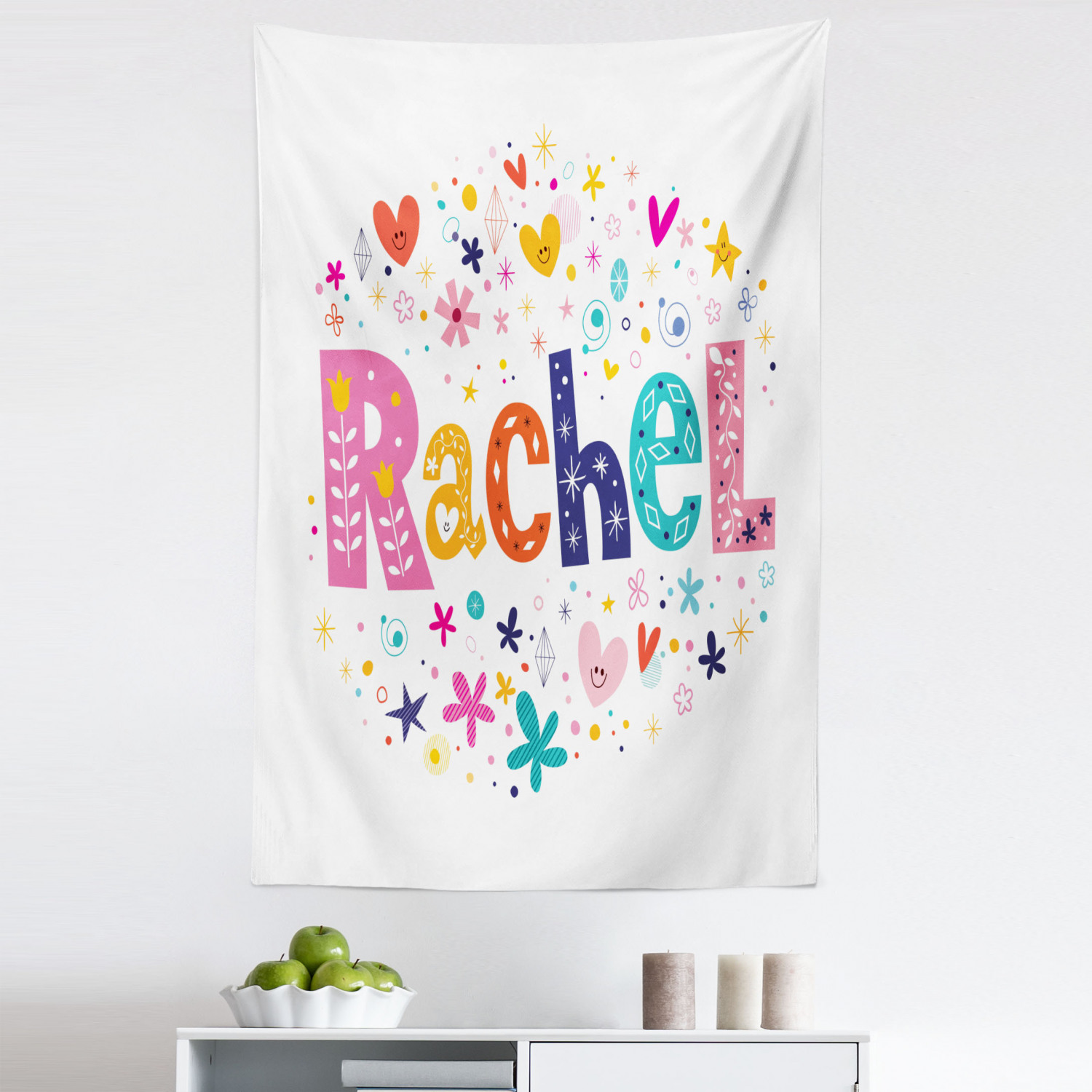 Rachel Tapestry, Ornamental Lettering with Hearts Stars and Flowers ...